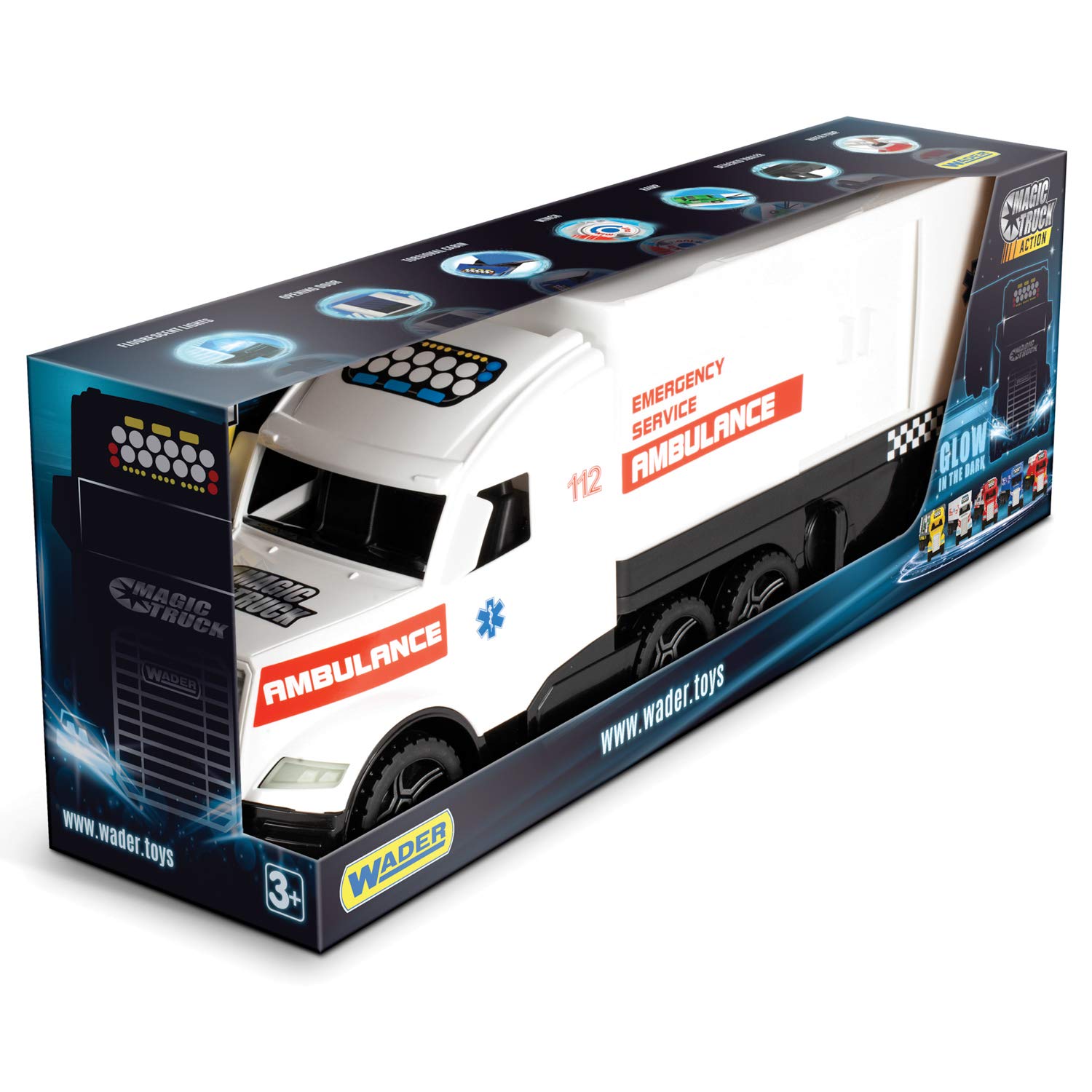 Wader 36210 Action Magic Truck Ambulance Emergency Vehicle with Side Door, from 3 Years, Approx. 79 cm, Wit, Standard