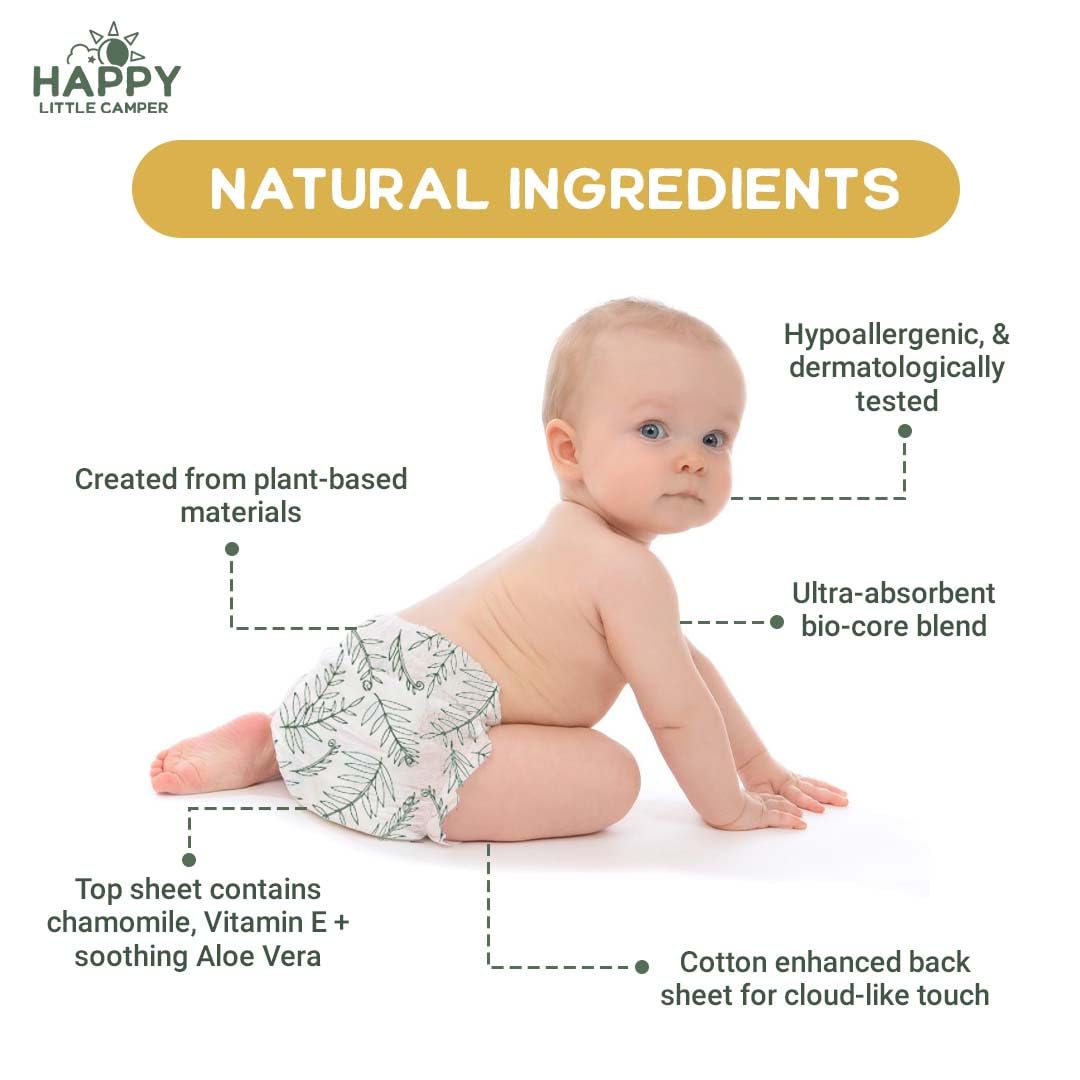 Happy Little Camper Ultra-Absorbent Natural Baby Diapers Size 5 - Hypoallergenic, Unscented & Chlorine-Free Disposable Diapers (150 Count) Come with Flushable Wipes (200 Count) for Sensitive Skin