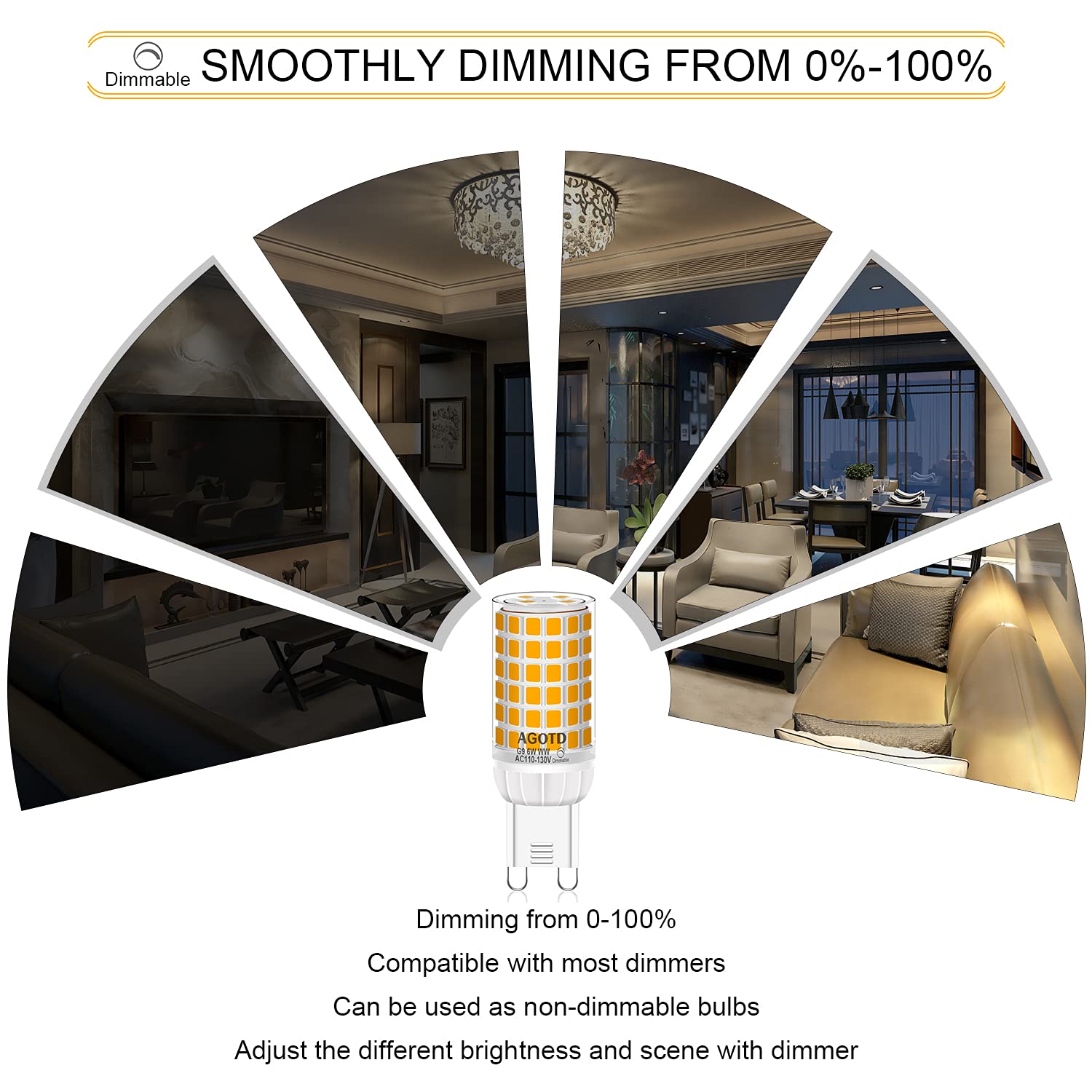 AGOTD G9 LED Bulb 6W, Dimmable Soft Warm White 2700K, 658LM LED Light Bulb, T4 40W 50W 60W Halogen Replacement G9 Bi Pin Base, No-Flicker, Chandelier Lighting, 5 Pack