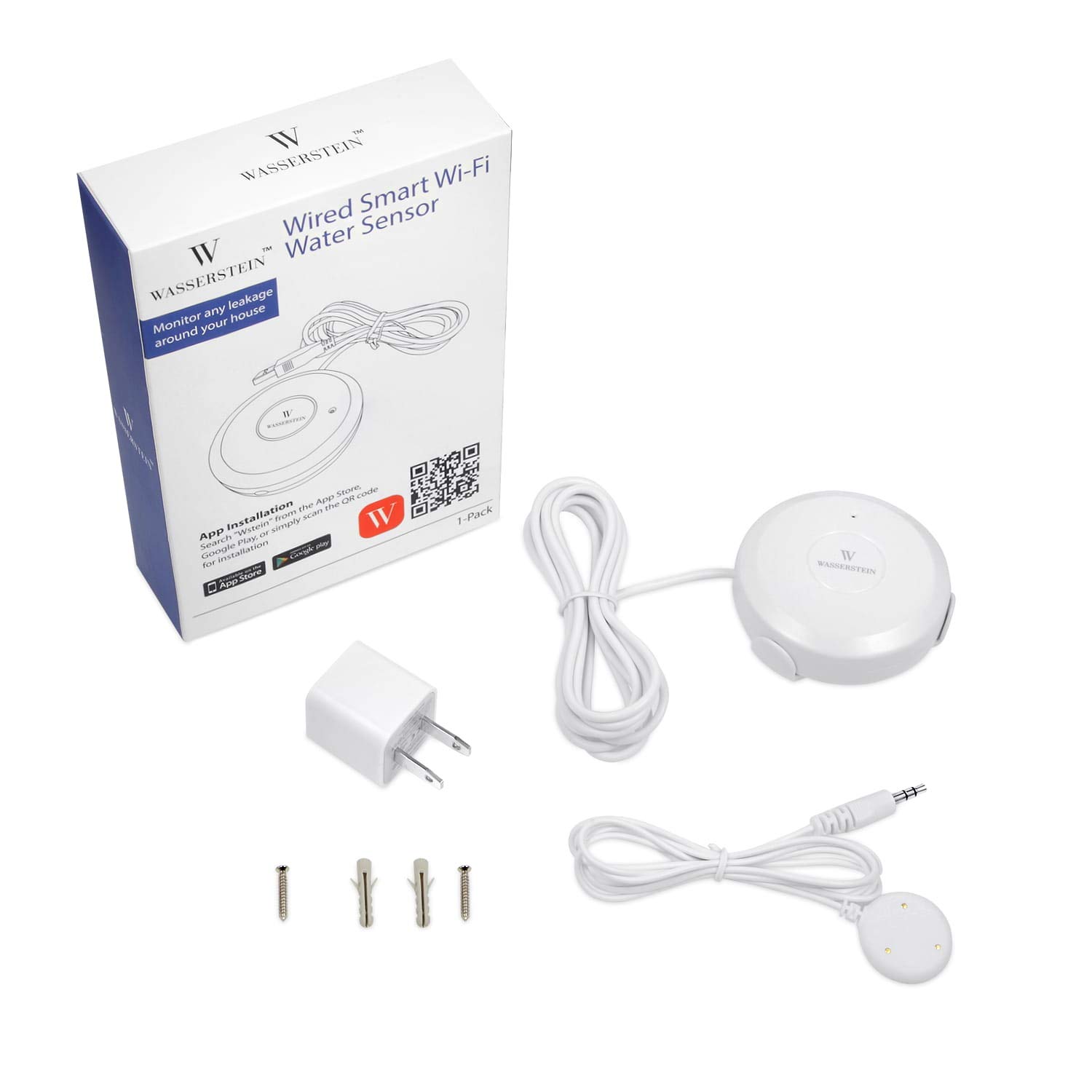 AC Powered Smart Wi-Fi Water Sensor, Flood and Leak Detector with 6ft/1.8m Cable– Alarm and App Notification Alerts, No Expensive Hub Required, Simple Plug & Play by Wasserstein (2 Pack)