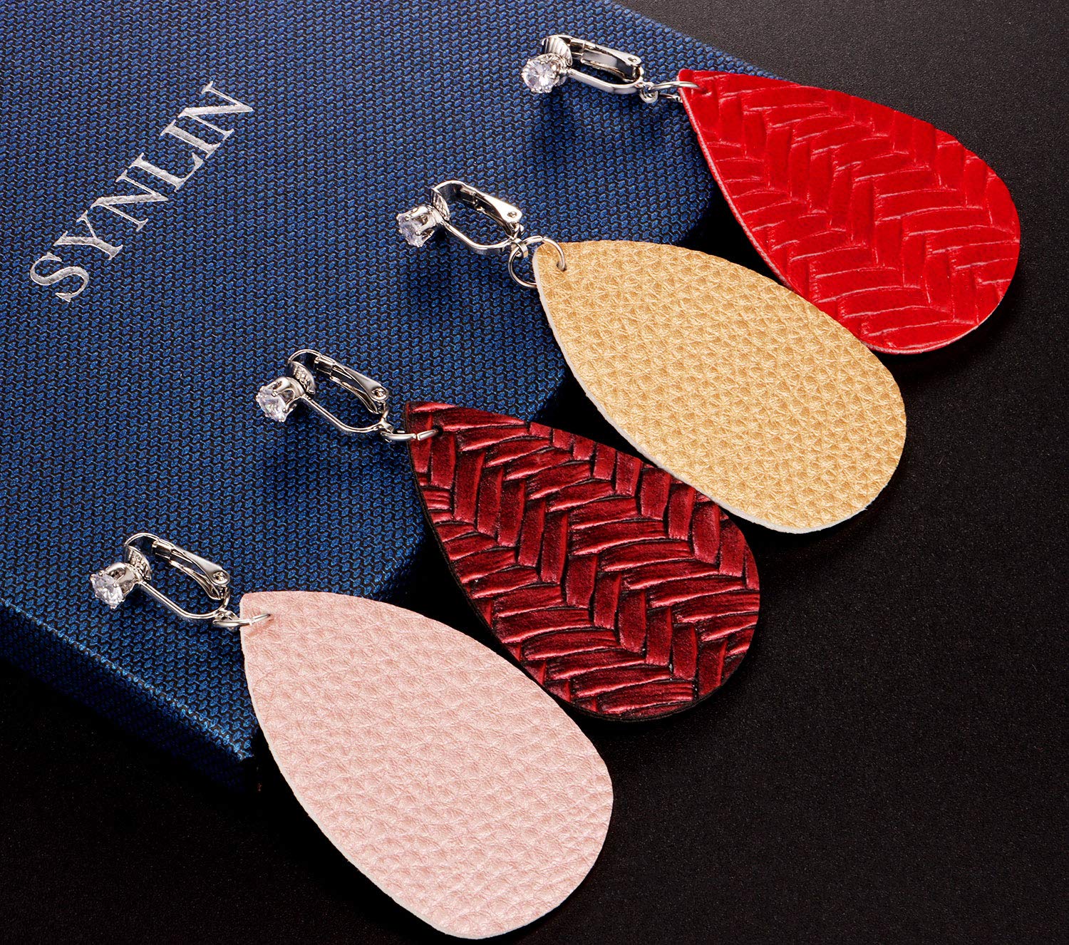 9 Pairs Faux Leather Clip on Earrings for Women Dangle- Long Teardrop Seashell Leather Clipon Earrings-Non Piercing Earrings Set for Women (#7)