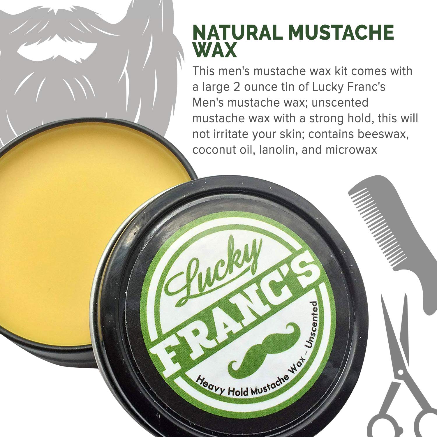 Lucky Franc's 2 oz. Strong Hold Mustache Wax and Real Ox Horn Comb Grooming Set. Wax that Stache in Style. Unscented Natural Moustache Wax and Stache or Beard Comb. Handmade Gift Set for Men