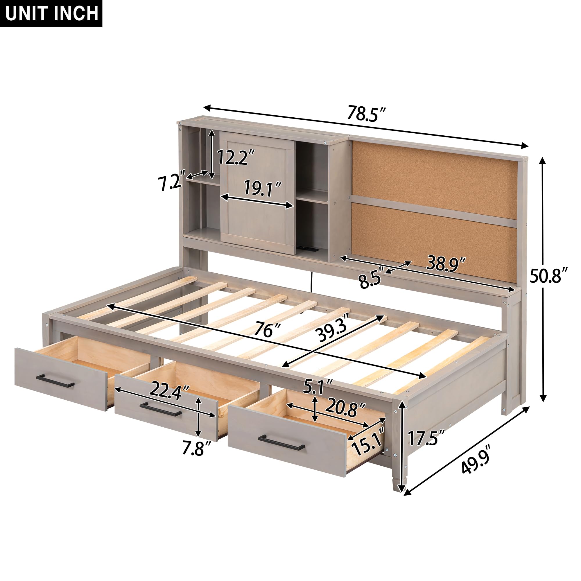 Ball & Cast Twin Daybed with Storage Shelves and 3 Drawers,Bed Frame W/USB Ports,Sliding Doors & Cork Board,for Bedroom,Guest Room,Apartment,Antique Gray
