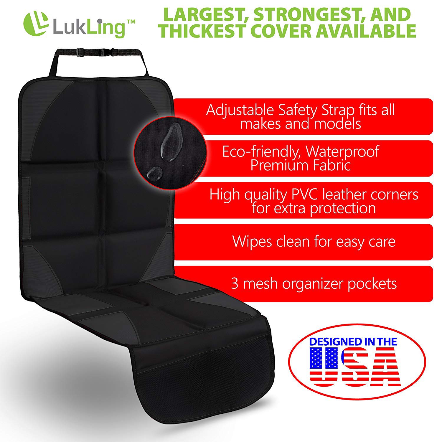 Lukling Car Seat Protector with Thickest and Largest Pad for Leather Seats in Luxury Cars - 2 Mesh Organizer Pockets - Works Great with Children and Pets, (Black with Black Stitching)