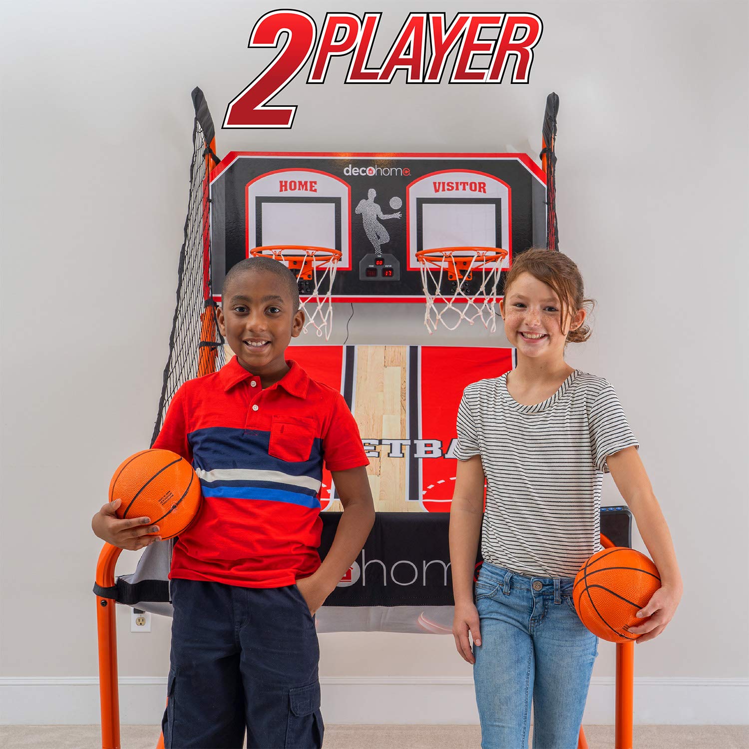 Deco Home Arcade Basketball Game with Dual Rim Backboard, Includes Electronic Tracking LED Scoreboard with 8 Game Modes for 1-4 Players, 5 Game Balls, Air Pump, Folding Assembly for Easy Storage