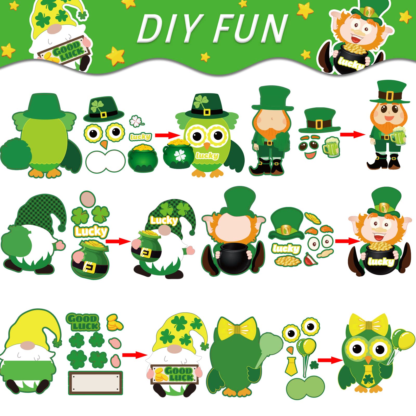 chiazllta 30 PCS St. Patricks Day Craft Kits for Kids DIY Leprechauns Shamrock Owl Gnome Sticker Craft Ornament St. Patricks Art Craft for Party Home Class School Game Activities