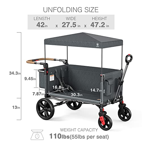 EVER ADVANCED Side-Unzip Wagon Stroller for 2 Kids, Push Pull Stroller with Adjustable Handle-Bar, Easy Access Front Zipper Door, 5-Point Harness Removable UV-Protection Canopy Shock-Absorbing Wheels