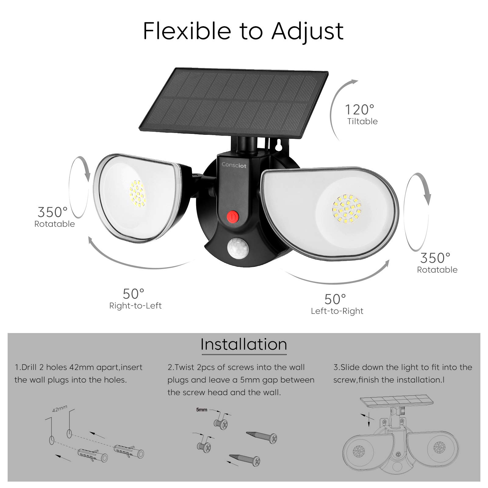 Consciot Solar Lights Outdoor, Ultra Bright Motion Sensor Solar Security Light 1000lm, 40 LED Wall Flood Light with Adjustable Dual Heads, IP67 Waterproof for Garage Patio Garden, Cool White, 2 Pack (OC-WL-001A)