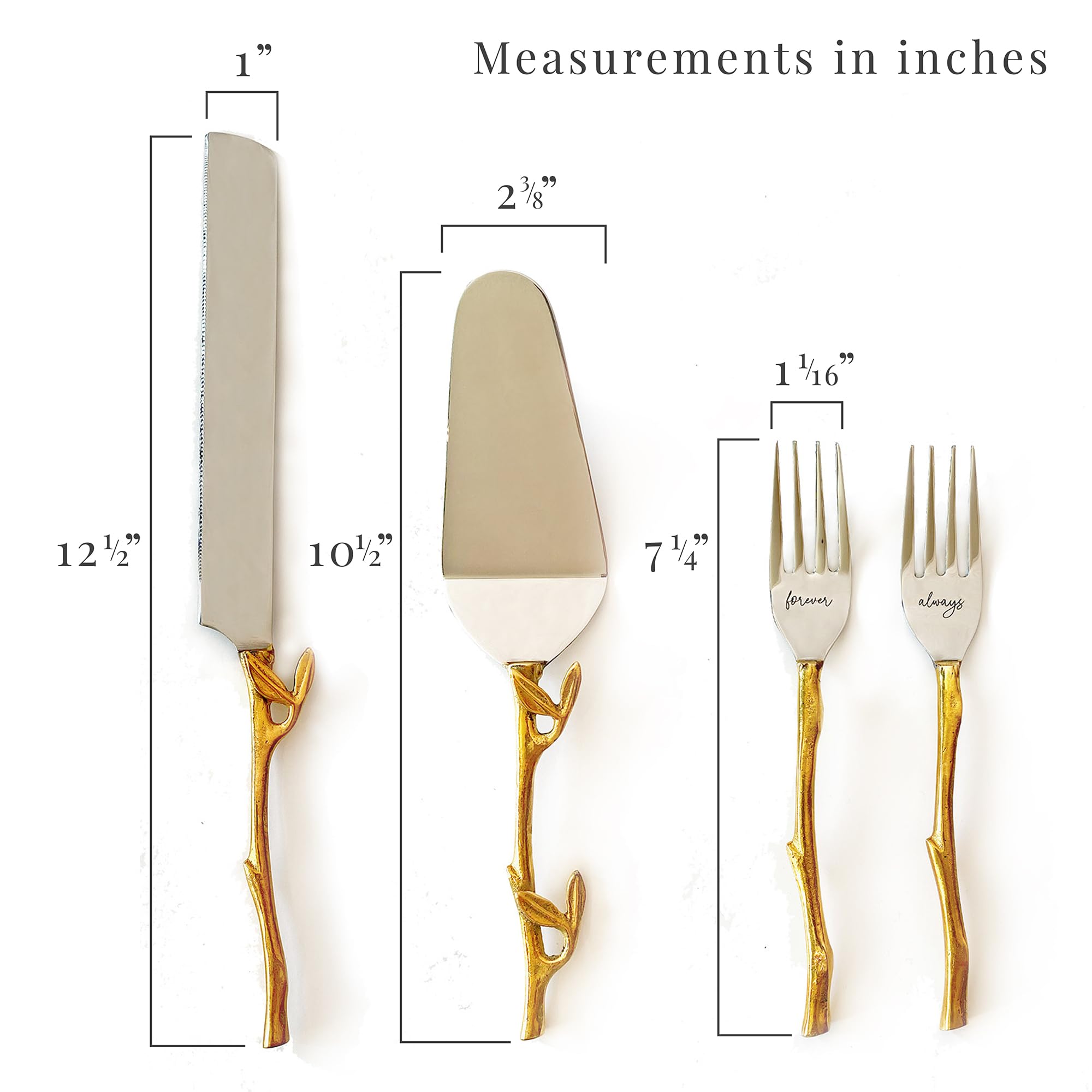 Heartfelt Homie Wedding Cake Knife and Server Set - 4 PC Cake Cutting Set with Gold Twig Leaf Handles - Pie server, Cake knife, Engraved forks for Wedding Cake Cutting - Engagement, Bridal Gifts