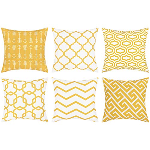 Yastouay Throw Pillow Covers Set of 6 Modern Decorative Throw Pillow Cases Geometric Pillow Covers Cushion Covers for Couch Sofa Bedroom Car (Yellow and White, 18 x 18 Inch)