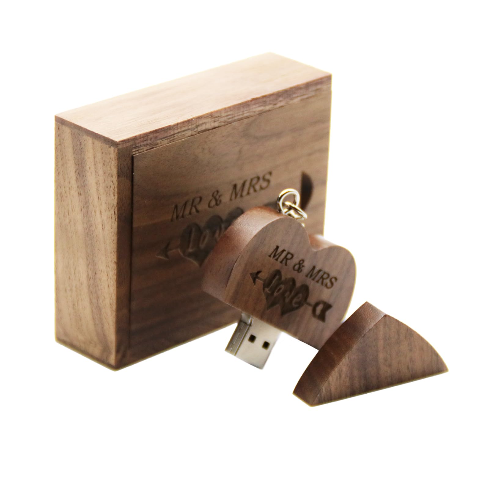 LXSINO 32GB Wood USB 3.0 Flash Drive with Laser Engraved Mr & Mrs Design - 32GB Wooden Heart Shape USB Memory Stick Thumb Drivers with Box for Wedding/Couple/Parents (Walnut 32GB)