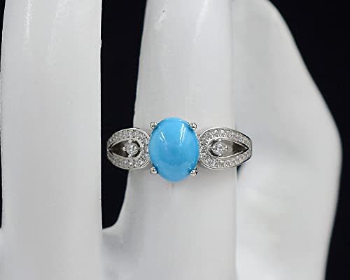 9X7 MM Oval Cut Natural Sleeping Beauty Turquoise Gemstone 925 Sterling Silver December Birthstone Solitaire Unisex Proposal Ring For Wedding Gift (Rhodium Plated Silver, 8)