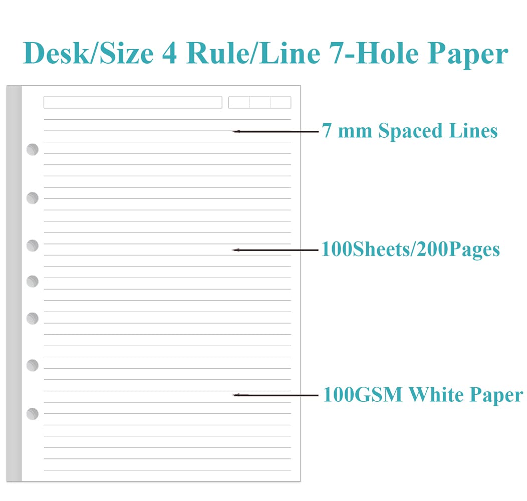 A5 Lined Refill Paper - 100 Sheets/200 Pages Loose Leaf Paper for Filofax Planner, Organizer, Binders, 7-Hole Punched, 100gsm Ruled White Pages, 5.8" x 8.2" (White)