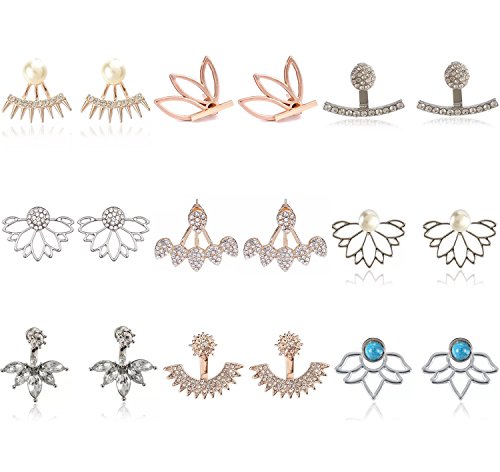 9 Pairs Rose Gold Silver Hollow Lotus Flower Earrings Simple Chic Crystal Pearl Turquoise Stud Earrings Set