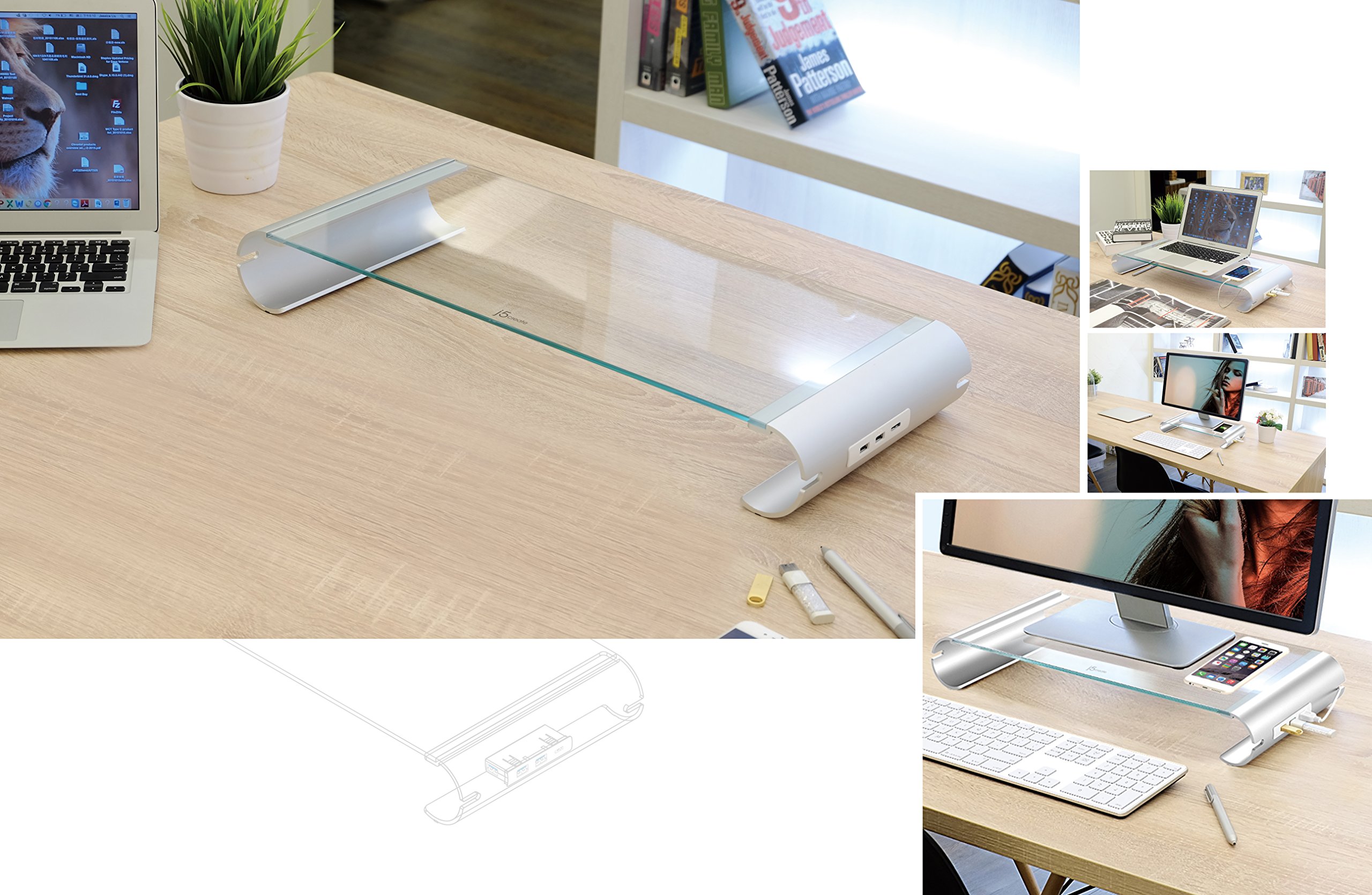 j5create Monitor Stand with 3-port USB 3.0 HUB JUT325 | Aluminium Legs and Clear Tempered Glass Monitor Riser | Compatible with iMac/Windows/Chrome/Linux Laptop, Macbook