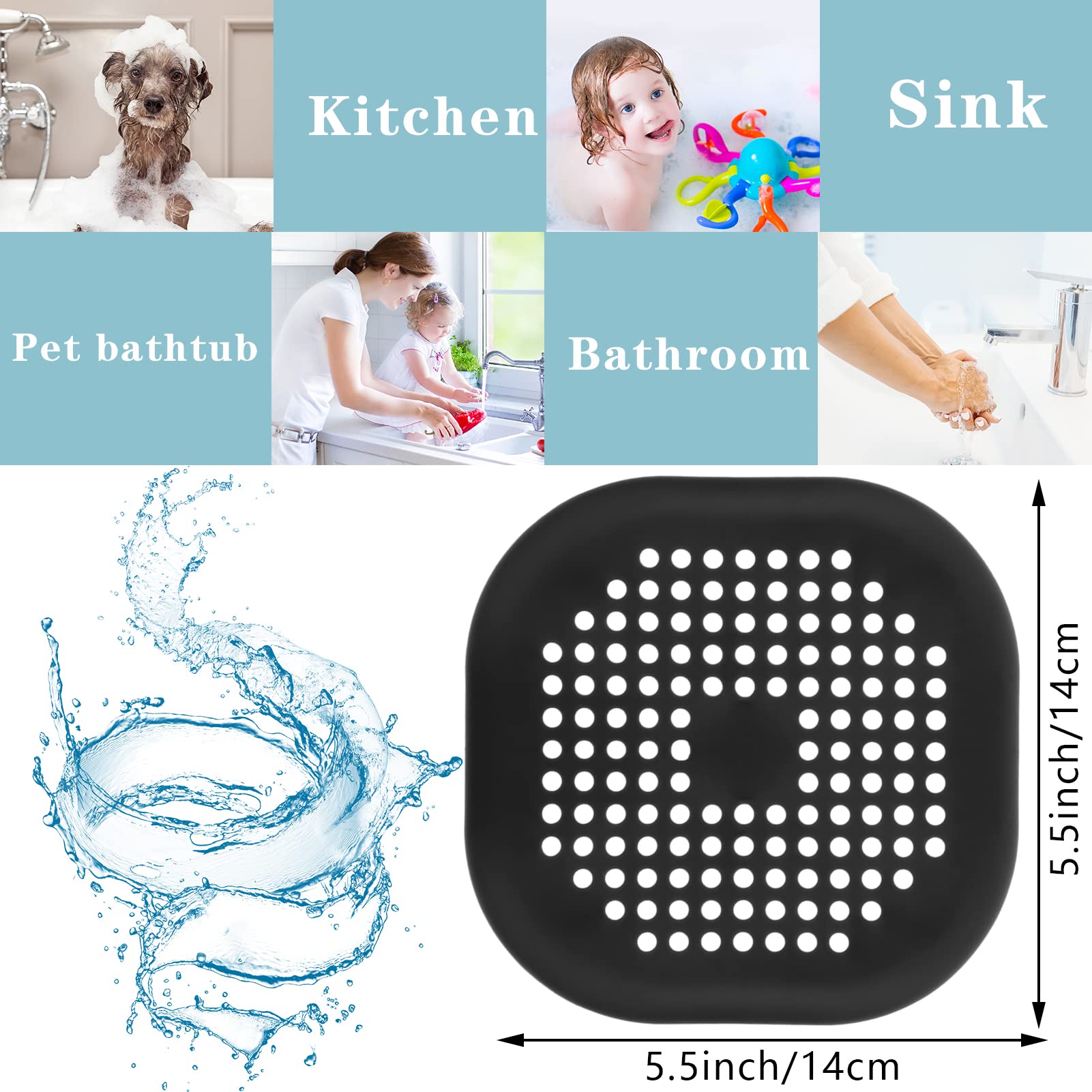 Shower Drain Hair Catcher, Durable Silicone Shower Drain Covers Hair Stopper with Suction Cup, Easy to Install Suit for Bathroom,Bathtub and Kitchen 3PACK (Black)