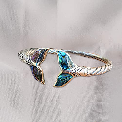 Abalone Shell and Mermaid Tail Bangle Bracelet Adjustable Bangle Open Hand Chain for Women, Birthday Charms, Shiny Finish