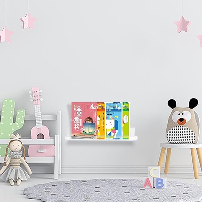 BYCY Acrylic Floating Shelves for Wall Decor Storage Kids Book Display Shelves for Living Room,Clear Floating Shelves Wall Mount for Bedroom, Bathroom, Kitchen,Office (2In+4In 4Pack)
