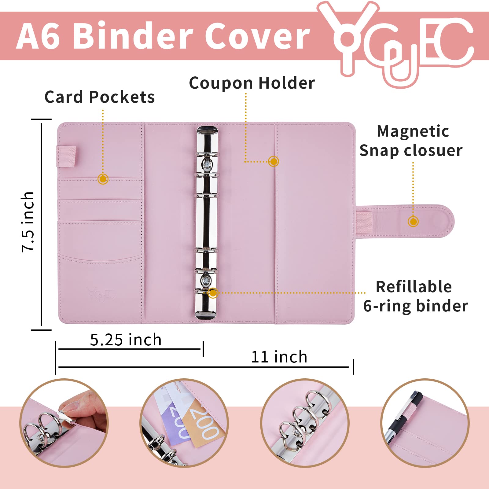 A6 Cash Envelope System Binder - Budgeting Binder Planner w/ 12Pcs Lose Leaf Zipper Pocket & Expense Tracker & Writable Lables, Pink Cash Envelope Budget Wallet Organizer for Money Receipt Coupon