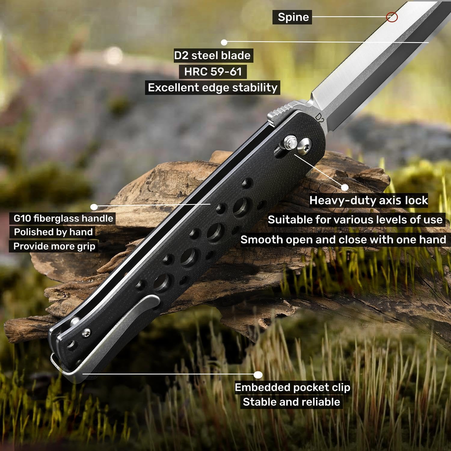COHOMELARS Axis Lock Flipper Knife,Folding Pocket Knife with Clip, 4'' D2 Steel Blade,G10 Fiberglass Handle,EDC Knife for Men,Cold Steel Folding Knives