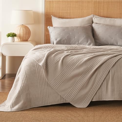Bedsure Summer Quilt Blankets Queen Size, Breathable Quilted Bed Blankets for Spring, Super Soft Blanket with Striped Texture, Modal Cotton Thermal Blanket for All Seasons, Tan Khaki, 90x90