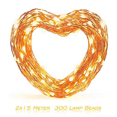 ALED LIGHT Solar String Lights Outdoor, 2 Pack 30M/98.2ft 300 LED Copper Wire Light Waterproof Luminous LED String Lighting Chain 8 Modes Warm White Starry Fairy Lights for Garden Home Decoration