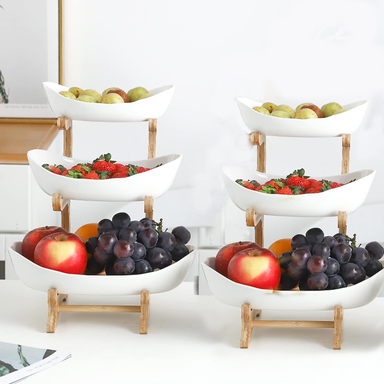 AIWFL 3 Tier Fruit Basket White Fruit Bowl with Bamboo Holder Fruit Ceramic Serving Tray Dessert Serving Stand for Candy Fruits Snacks Nuts Storage Holder