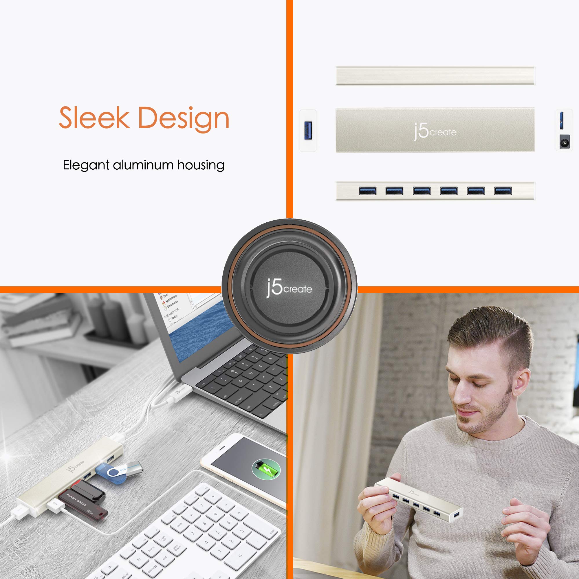 j5create USB Type-C to 7-Port USB 3.0 Data Hub with 3 ft Extended Cale [20W Power Adapter Included] for Mac, MacBook, Windows, Laptop, Surface, XPS, Chromebook, PC (JCH377)
