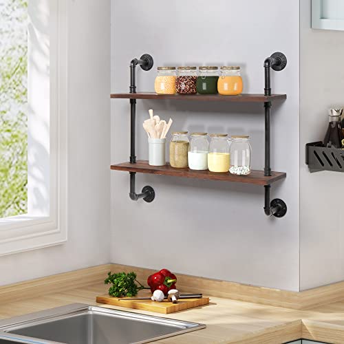 JAXPETY Industrial Floating Shelf 2-Tier Wall Mounted Pipe Shelves Rustic Wood Shelf Metal Bracket Storage Space Display Bookshelf for Bedroom, Living Room, Office