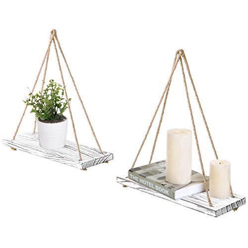 MyGift 17-inch Whitewashed Wood Hanging Swing Rope Floating Shelves - Farmhouse Rustic Triangle Wall Plant Shelf, Set of 2