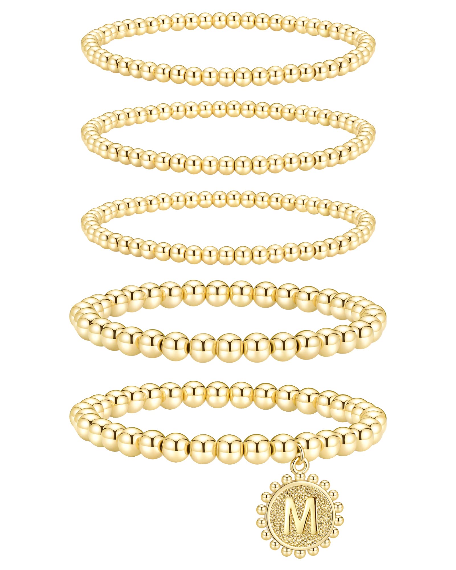 adoyi Gold Bracelets for Women, Gold Chain Bracelet Sets 14K Gold Initial Beaded Bracelets Adjustable Stretch Stackable Layered M Bracelet Set for Women Teen Girls Jewelry Gifts