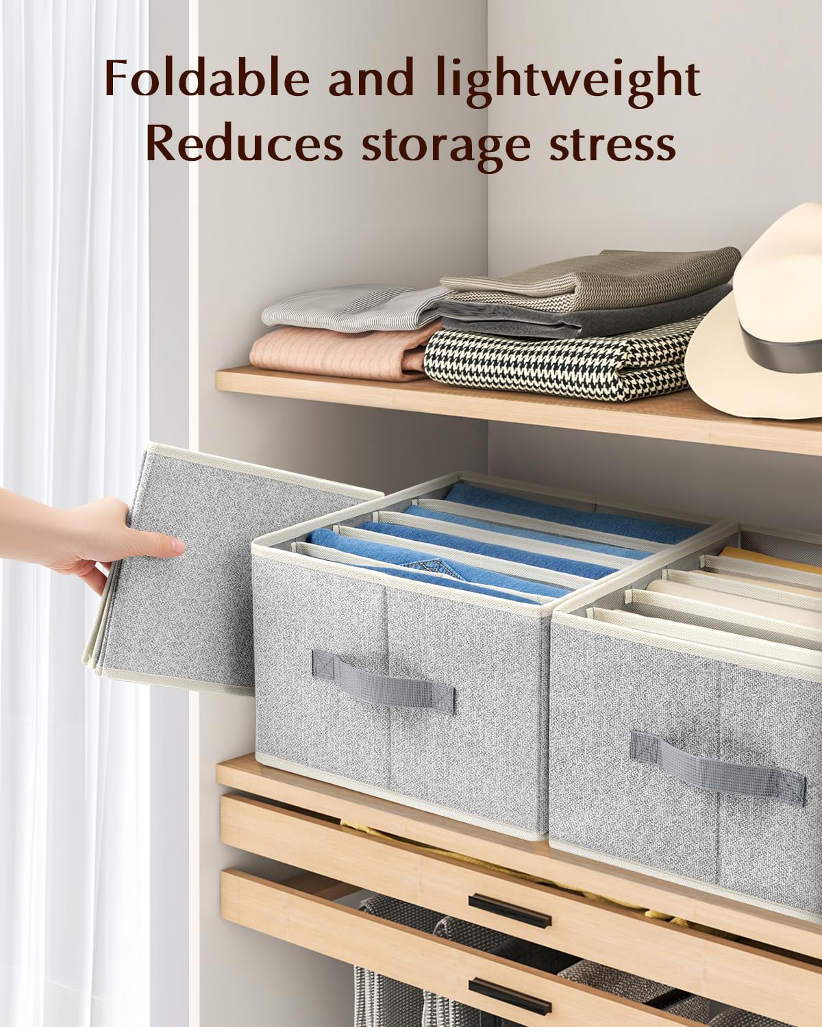 Homsorout Jeans Organizer for Closet - 4 Pack Clothes Drawer Organizer, 5-Cell Foldable Wardrobe Clothes Organizer with Handles, Closet Organizers and Storage for Jeans, T-shirts (Blended)
