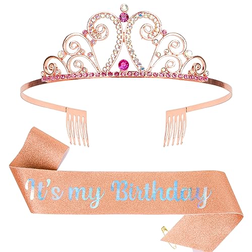 BAHABY Birthday Crown for Women It's My Birthday Sash & Rhinestone Tiara Set Birthday Sash and Tiara for Women Rhinestone Headband for Girl Glitter Crystal Hair Accessories for Party - Rose Gold