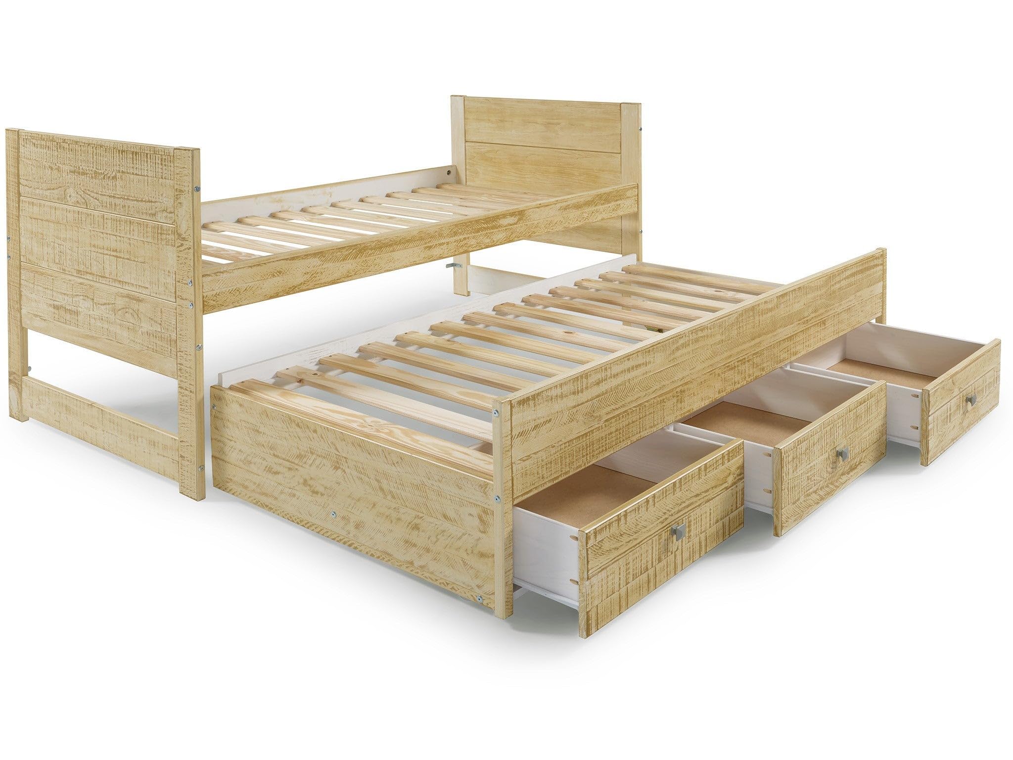 Bedz King All in One Twin Bed with Twin Trundle and 3 Built in Drawers, Weathered Honey