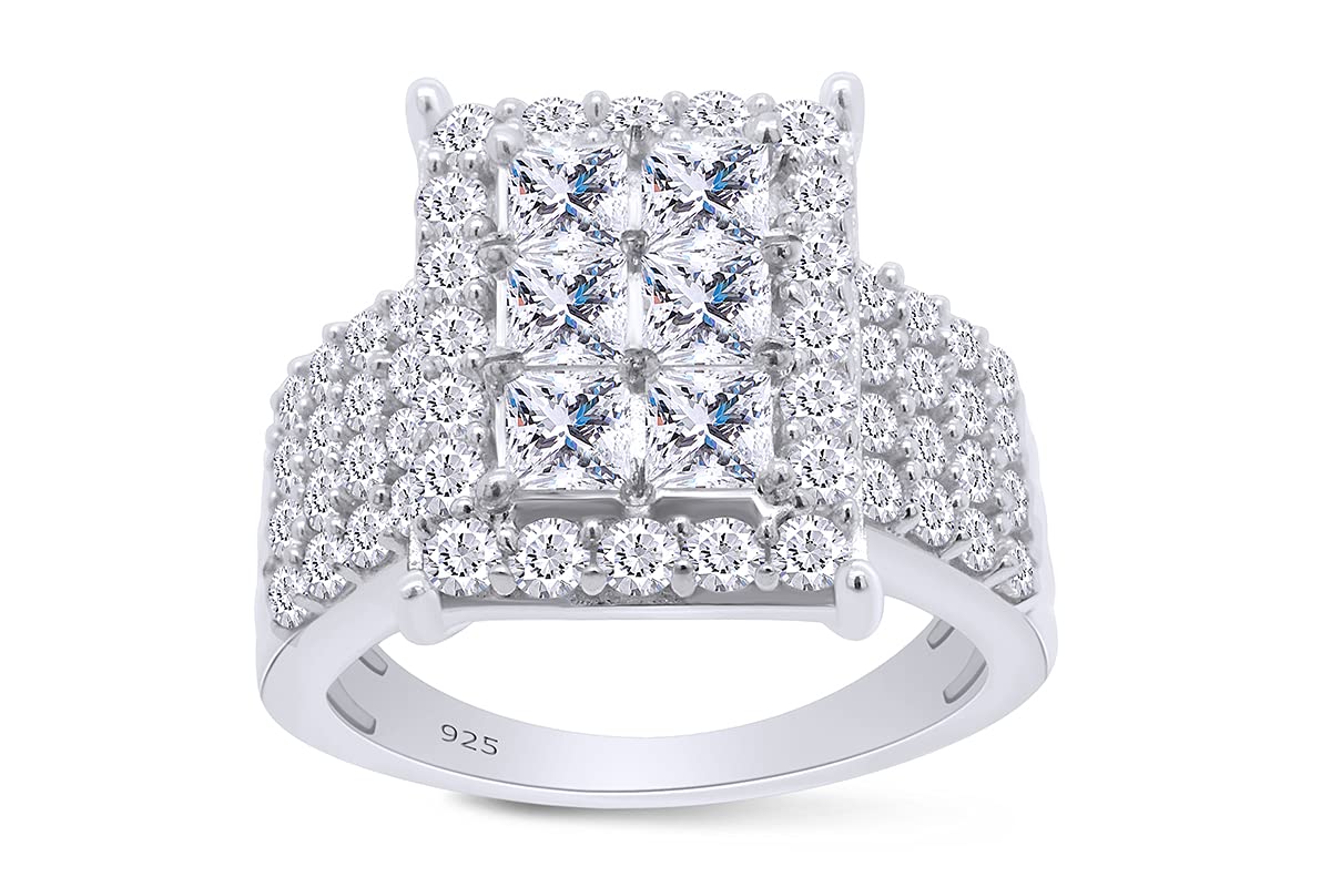 AFFY 5CTW Princess Cut And Round Simulated Diamond Cluster Engagement Ring In 14k White Gold Plated 925 Sterling Silver Jewelry Gift For Her Size-10
