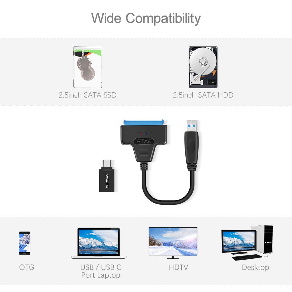 ELUTENG USB 3.0 SATA Adapter 2.5 Inch SATA to USB 3.0 Cable 22 Pin 7+15 HDD / SSD Cord Support UASP Serial ATA III Compatible for 2.5 SATA Hard Drive (USB C to SATA)