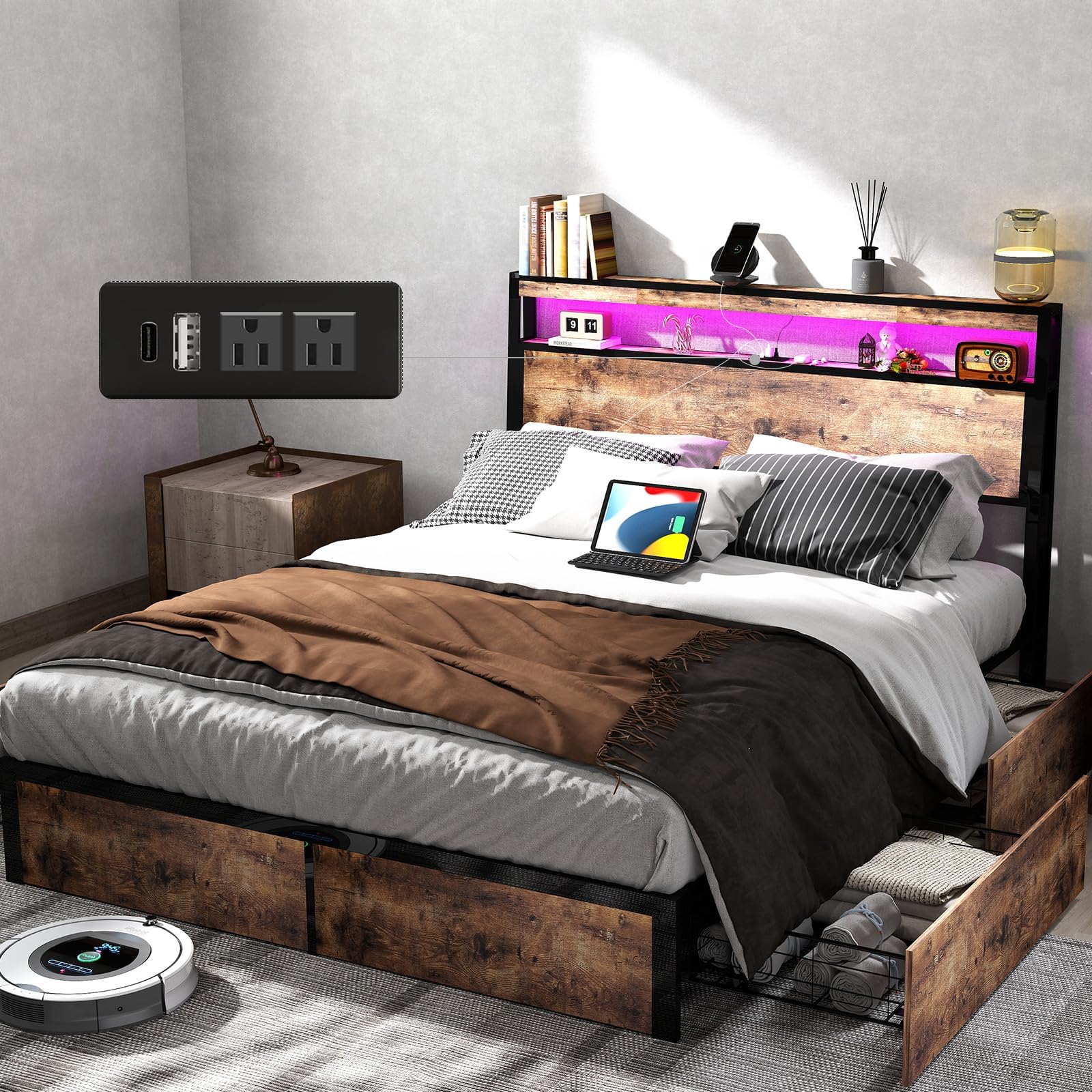 ANYHAVE Queen Size Bed Frame with 4 Storage Drawers and Headboard with Charging Station and LED Lights,2 Tier Solid Wood Headboard Storage,Noise Free, No Box Spring Needed,Remote Control/Vintage Brown