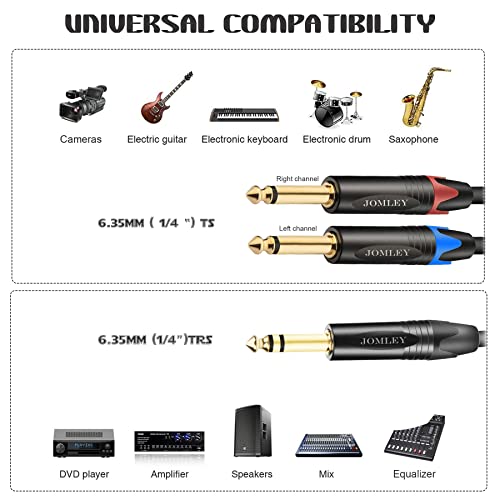 JOMLEY 1/4 inch TRS Stereo to Dual 1/4 inch TS Mono Insert Cable, TRS Stereo Y Splitter Insert Cable, 6.35mm TRS Male Stereo to Dual 6.35mm TS Male Mono Breakout Cable-6.6 Feet