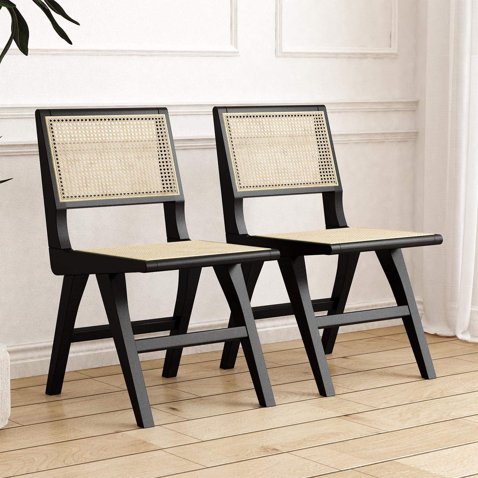 Accent Chair Dining Chairs Set of 2, Solid Wood Frame Boho Rattan Chair, Mid Century Modern Accent Chairs for Living Room Bedroom Dining Room Kitchen(Black)