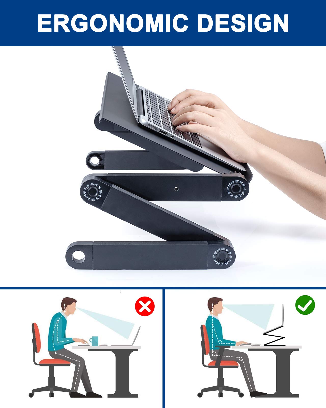 Adjustable Laptop Stand, RAINBEAN Laptop Desk with 2 CPU Cooling USB Fans for Bed Aluminum Lap Workstation Desk with Mouse Pad, Foldable Cook Book Stand Notebook Holder Sofa, Bed Table Office Tray