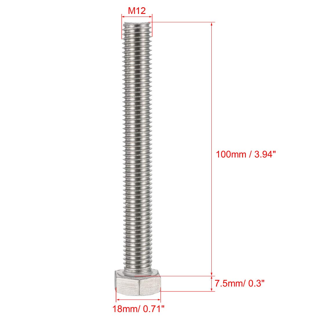 uxcell M12x100mm Hex Bolts 304 Stainless Steel Hexagon Screw Bolt 2pcs