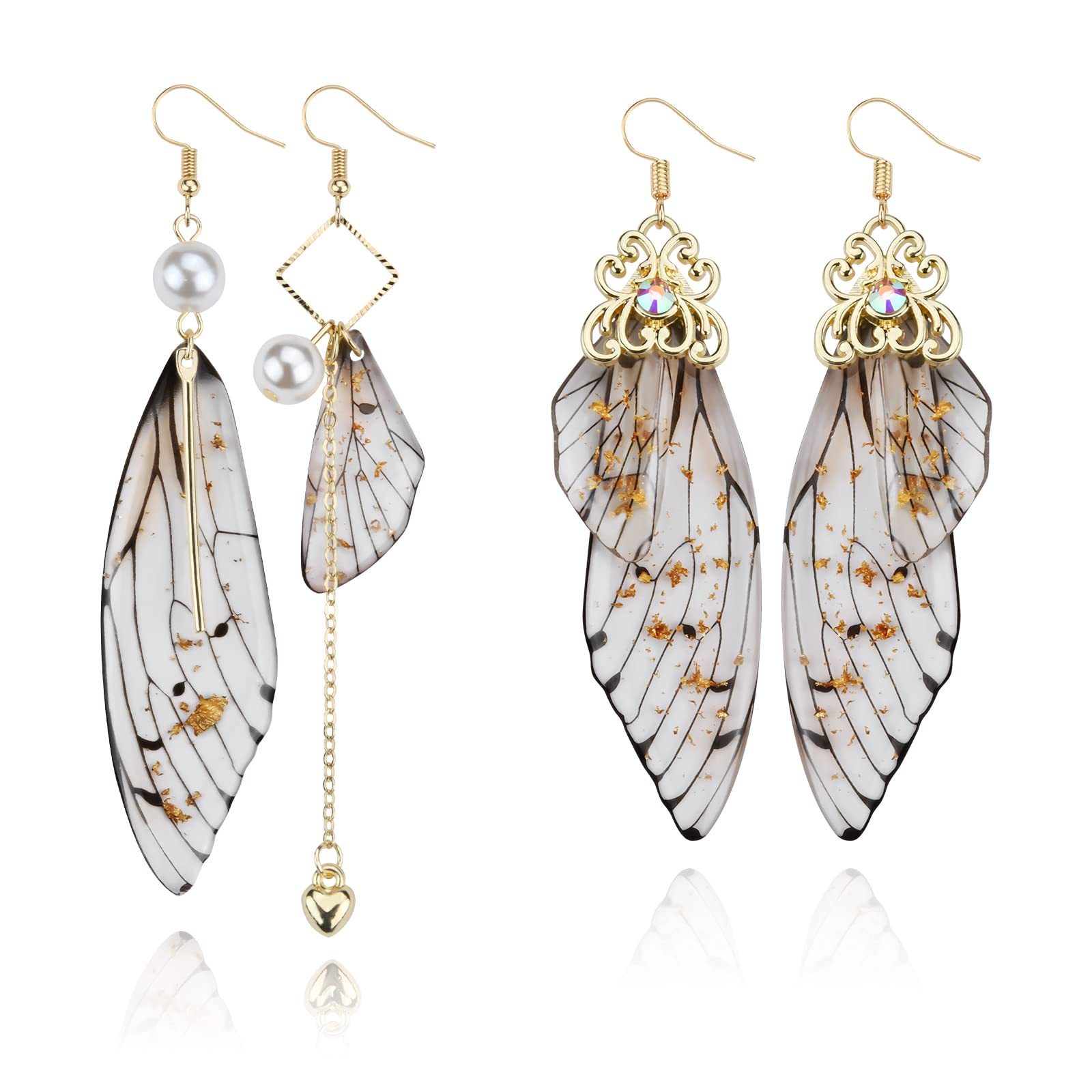 ABONDEVER Cottagecore Butterfly Wing Earrings 1 Pair 14K Gold Foil Fairy Wing Earrings & 1 Pair Fairycore Asymmetrical Earrings for Women Drop Dangle Earrings(gold foil Grey)