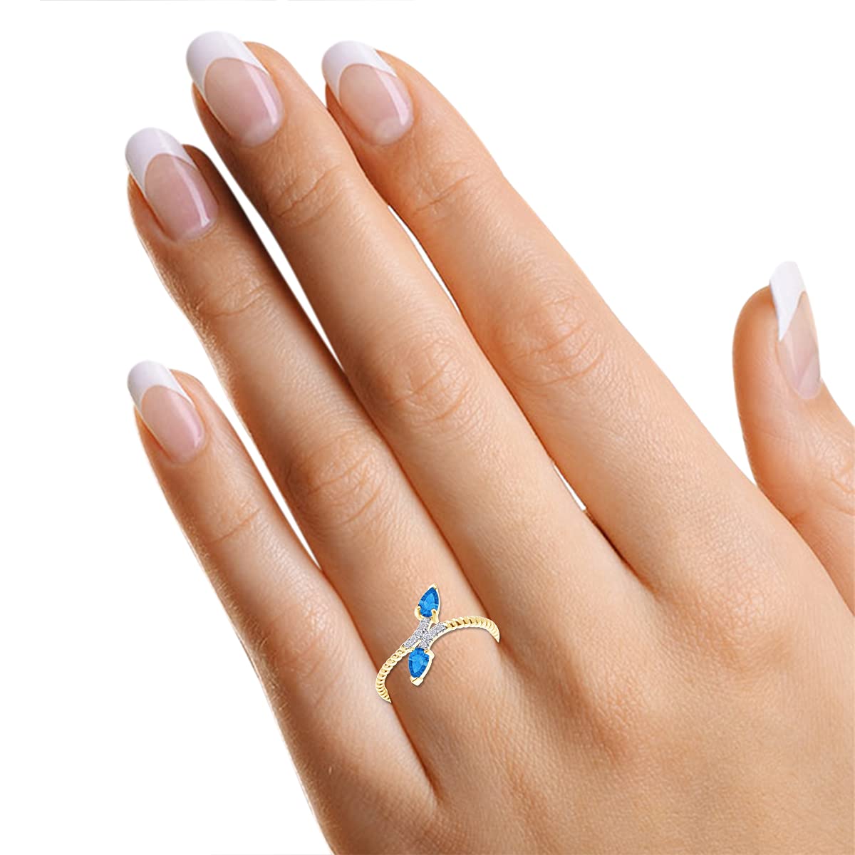 AFFY Pear Shape Natural Diamond And Simulated Blue Topaz In 14K Yellow Gold Over 925 Sterling Silver Ring Size 9