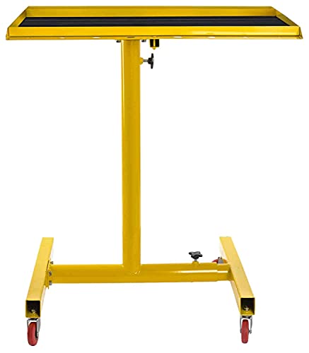 JEGS 200 LBS Capacity Rolling Work Table - Height Adjustable 33 Inches to 48 Inches - Rolling Tool Tray Uses Four 2.5” Caster Wheels - Includes One Tool Tray Table Liner - Yellow Powder Coated Steel