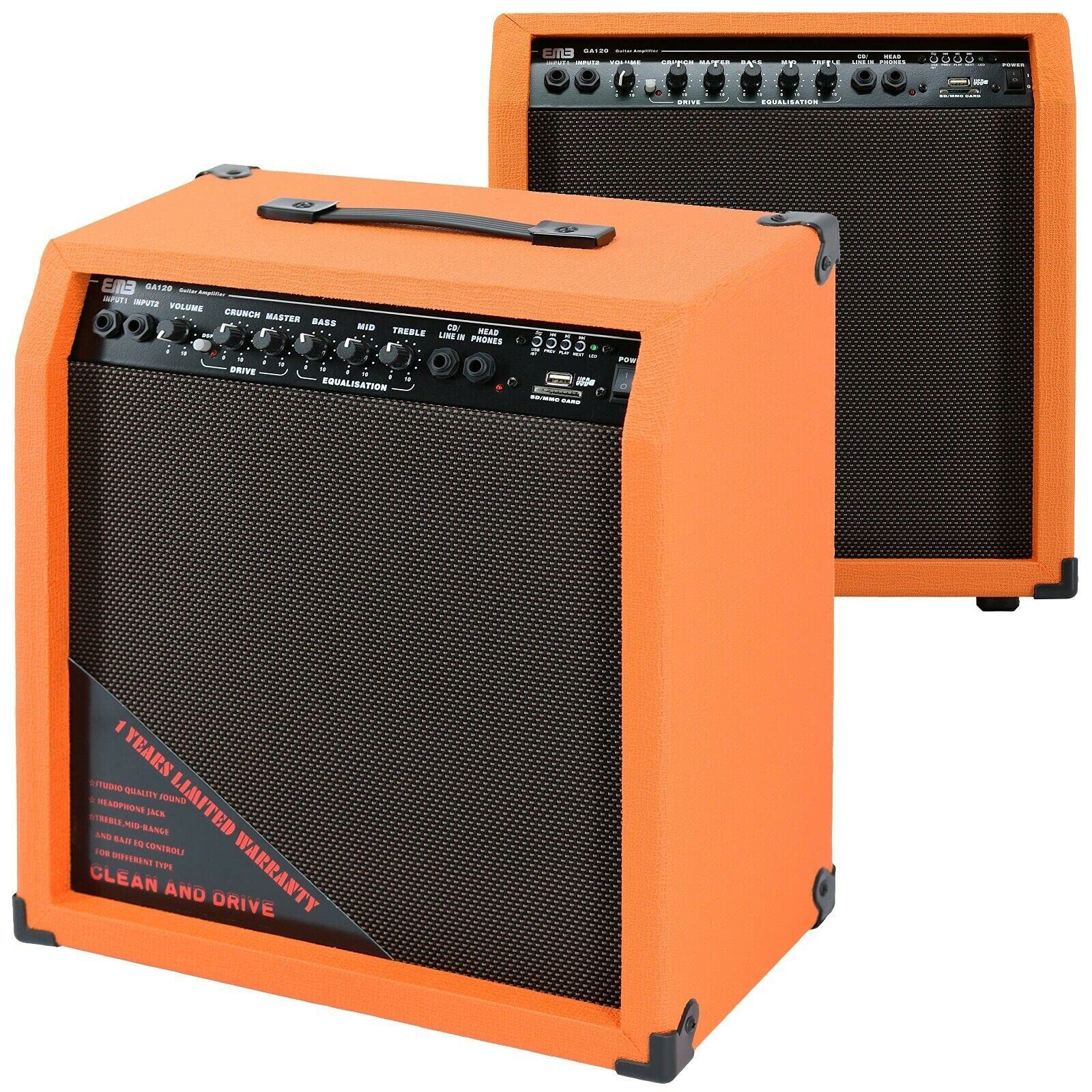 EMB GA120 600W 12" Electric Guitar Amplifier Speaker Portable Powerful Studio and Stage Cabinet PreAMP – with Built in Headphone Jack and 2 Inputs and SD USB AUX Bluetooth (Yellow)