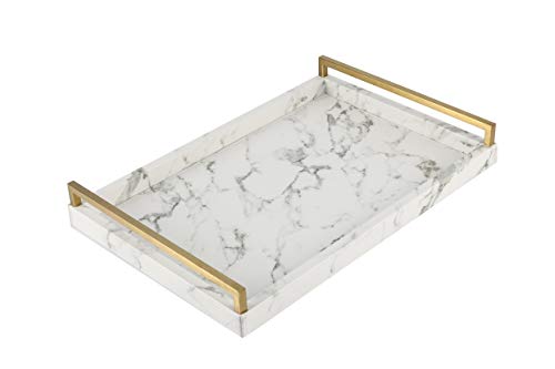 WV Coffee Table Serving Tray Faux Leather White Marble Finish with Brushed Gold Stainless Steel Handle for Living Room (White)