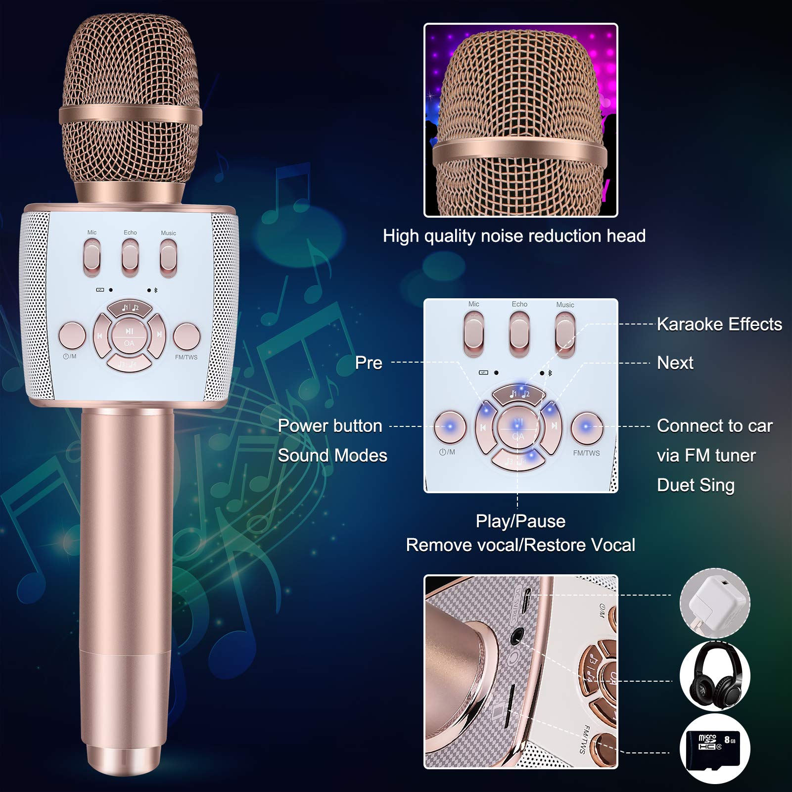 BONAOK Bluetooth Wireless Karaoke Microphone,Portable Karaoke Machine with Duet Sing for Car/Party/PC/All Smartphones X39 ROSE GOLD