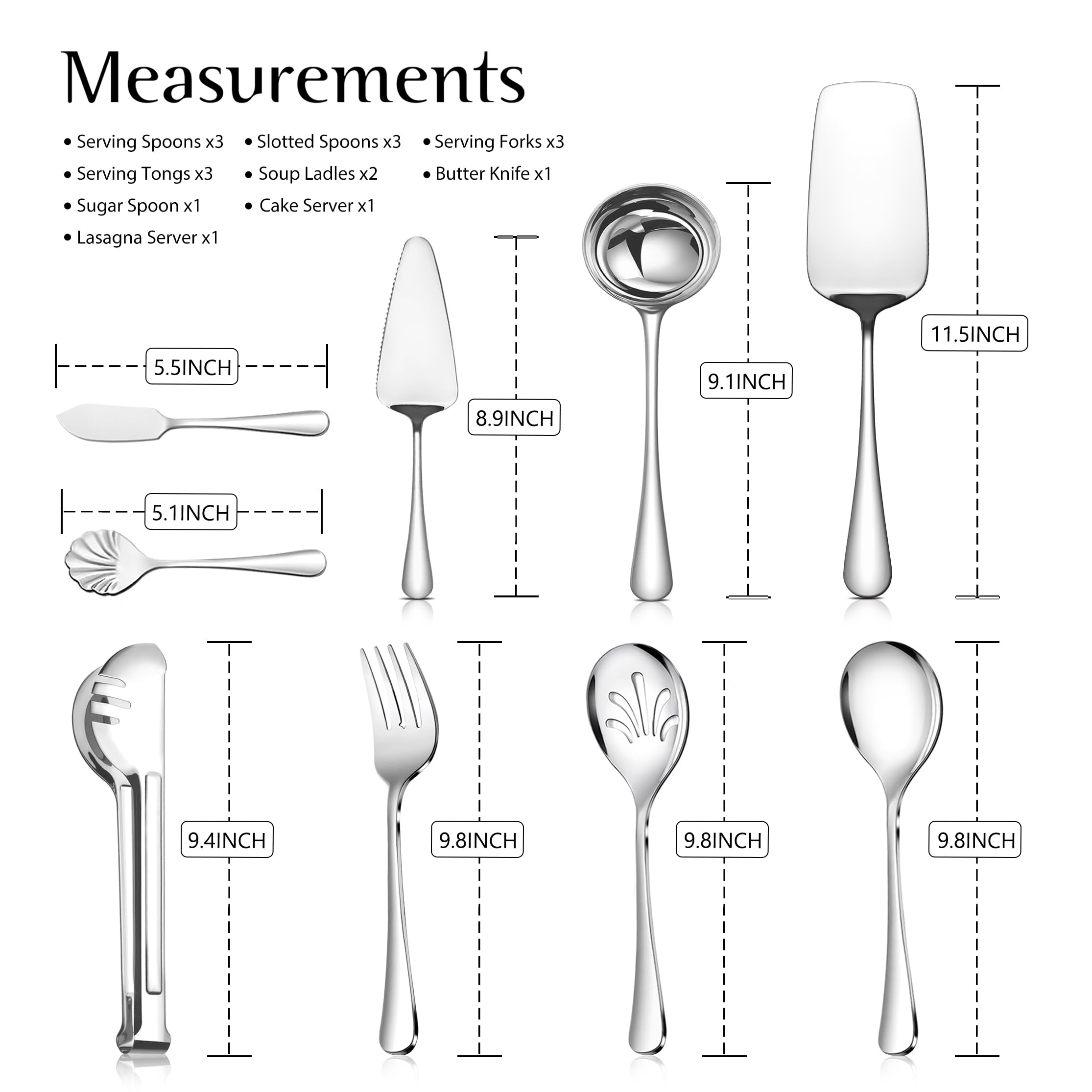 Teivio 18pcs Silver Stainless Steel Large Serving Utensils Set,Include Serving Spoons/Forks/Tongs,Slotted Spoons,Soup Ladles,Butter Knife,Sugar Spoon,Cake Server,Lasagna Server,for Buffet/Chafing Dish