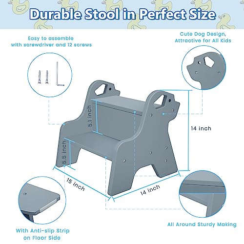 Jemyda 2 Step Stool for Kids, Toddler Step Stool for Bathroom Sink, Non-Slip Kid Stool for Toilet Potty Training, Durable Sturdy Step Stool for Kitchen (Grey Dog)