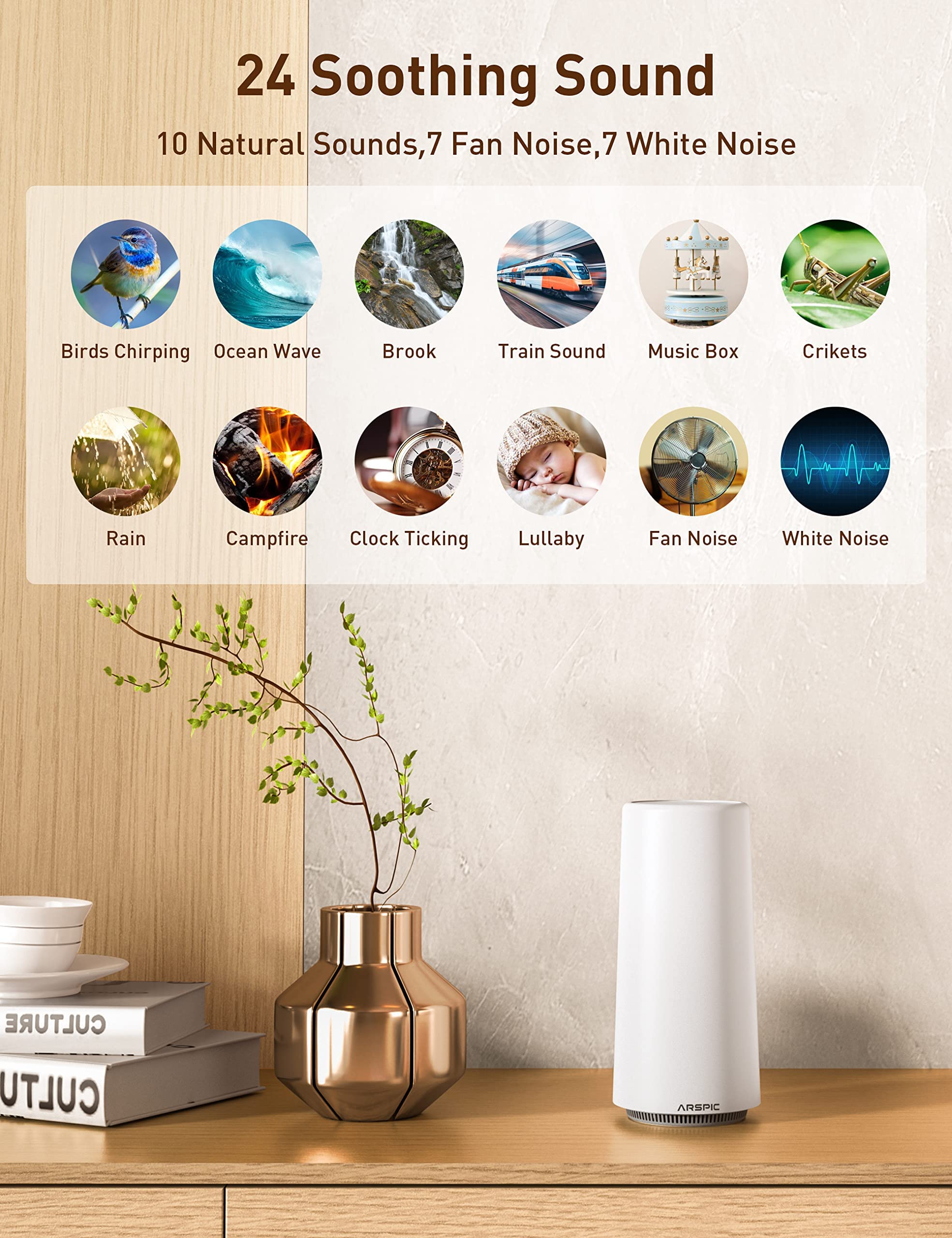 Arspic White Noise Machine, 24 Soothing Sound Machine with Night Light, Touch Control, Timer, Noise Machine for Sleeping Baby Adults Kids
